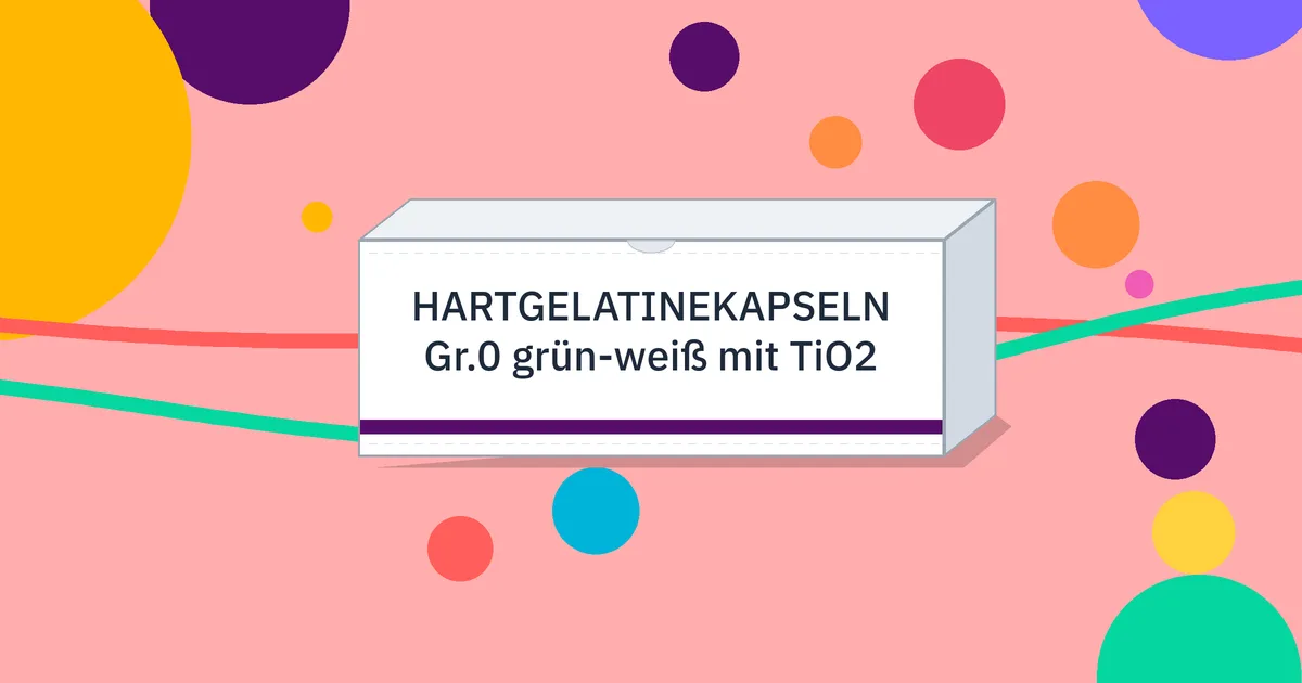 Symbolbild: Packung mit der Aufschrift HARTGELATINEKAPSELN Gr.0 grün-weiß mit TiO2 (PZN 18770218) – Verfügbarkeit und Bezug in Apotheken in Frankfurt am Main