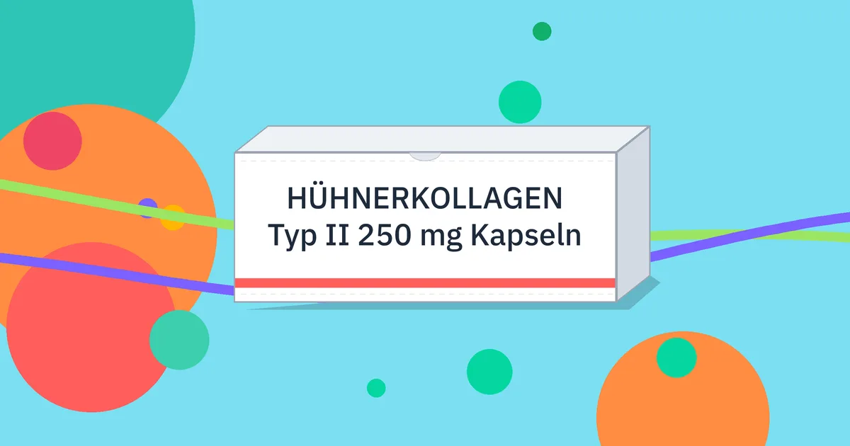 Symbolbild: Packung mit der Aufschrift HÜHNERKOLLAGEN Typ II 250 mg Kapseln (PZN 17190832) – Verfügbarkeit und Bezug in Apotheken in Frankfurt am Main