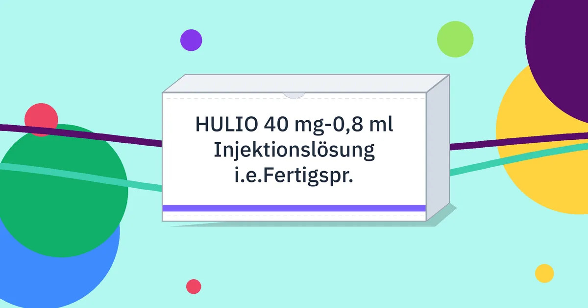 Symbolbild: Packung mit der Aufschrift HULIO 40 mg-0,8 ml Injektionslösung i.e.Fertigspr. (PZN 15395636) – Verfügbarkeit und Bezug in Apotheken in Frankfurt am Main