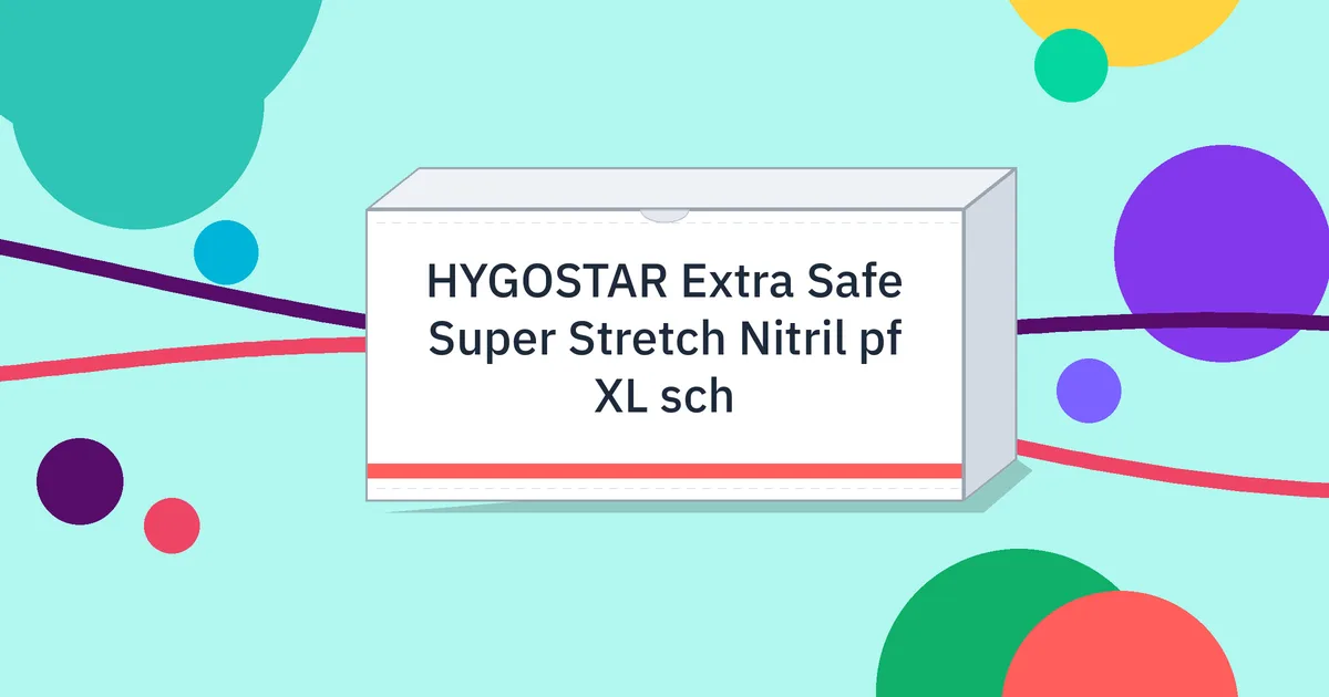 Symbolbild: Packung mit der Aufschrift HYGOSTAR Extra Safe Super Stretch Nitril pf XL sch (PZN 20772615) – Verfügbarkeit und Bezug in Apotheken in Frankfurt am Main