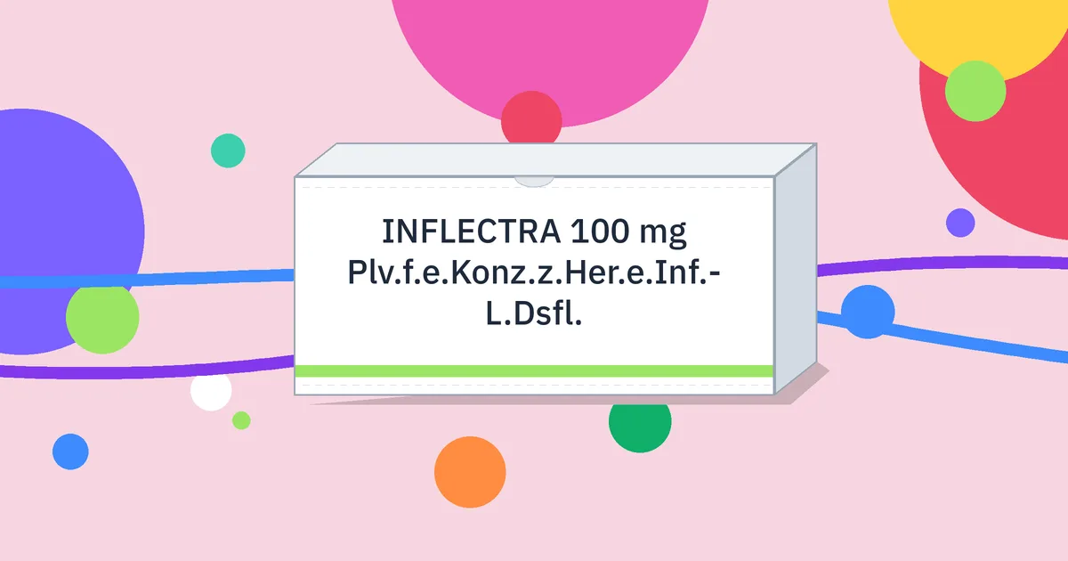 Symbolbild: Packung mit der Aufschrift INFLECTRA 100 mg Plv.f.e.Konz.z.Her.e.Inf.-L.Dsfl. (PZN 15389995) – Verfügbarkeit und Bezug in Apotheken in Frankfurt am Main