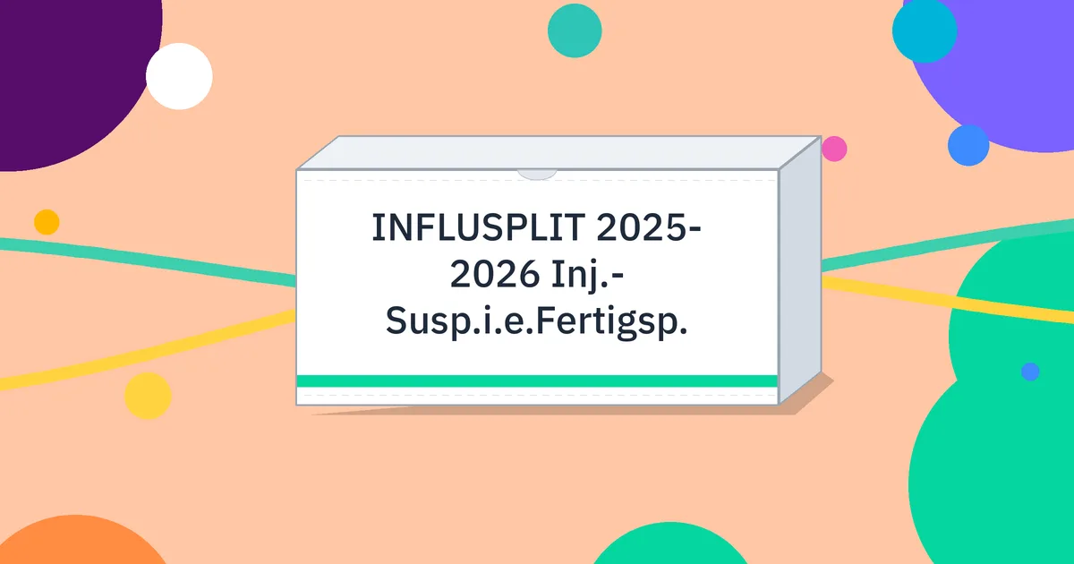 Symbolbild: Packung mit der Aufschrift INFLUSPLIT 2025-2026 Inj.-Susp.i.e.Fertigsp. (PZN 19640305) – Verfügbarkeit und Bezug in Apotheken in Frankfurt am Main