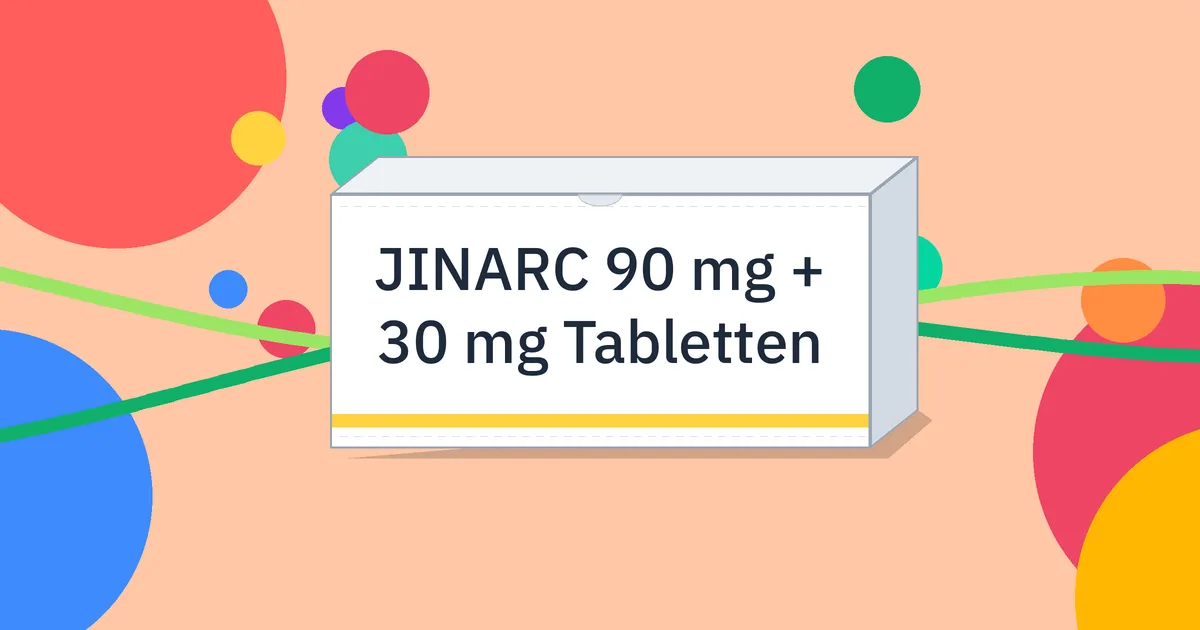 Symbolbild: Packung mit der Aufschrift JINARC 90 mg + 30 mg Tabletten (PZN 18352538) – Verfügbarkeit und Bezug in Apotheken in Frankfurt am Main