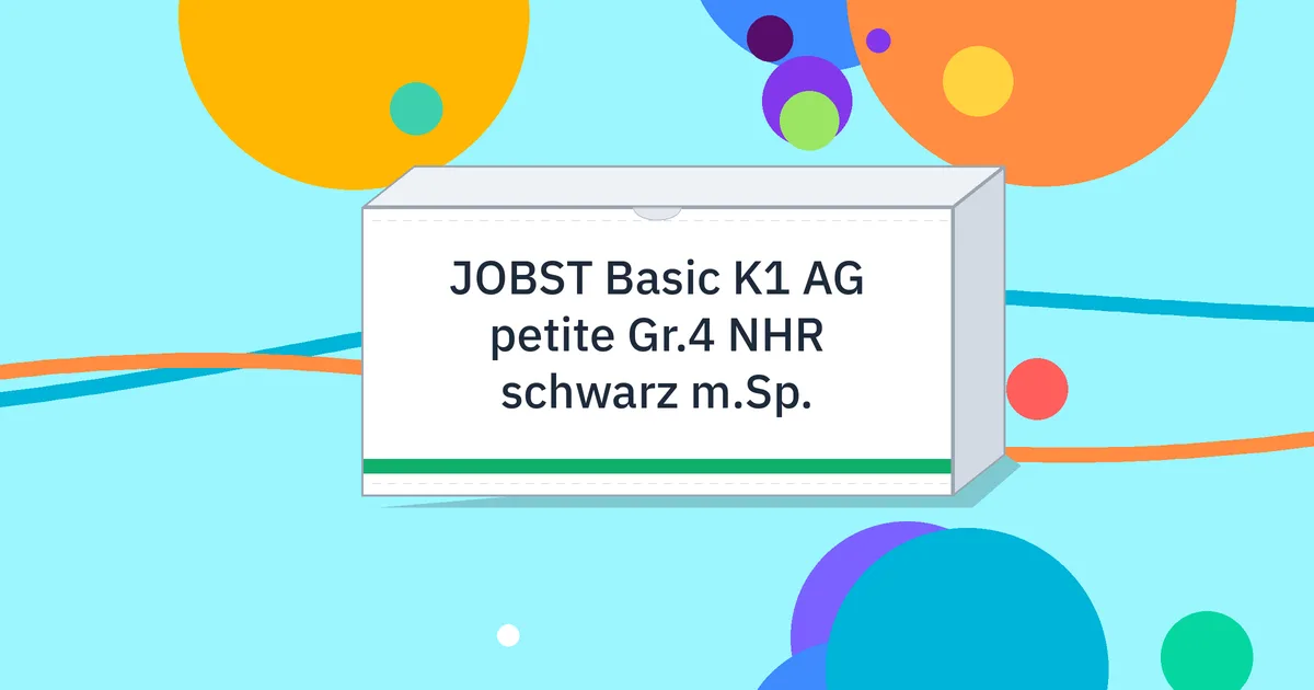 Symbolbild: Packung mit der Aufschrift JOBST Basic K1 AG petite Gr.4 NHR schwarz m.Sp. (PZN 15309571) – Verfügbarkeit und Bezug in Apotheken in Frankfurt am Main