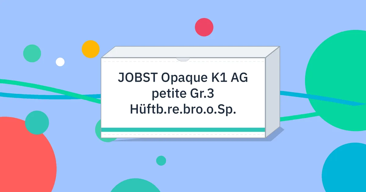 Symbolbild: Packung mit der Aufschrift JOBST Opaque K1 AG petite Gr.3 Hüftb.re.bro.o.Sp. (PZN 13099307) – Verfügbarkeit und Bezug in Apotheken in Frankfurt am Main