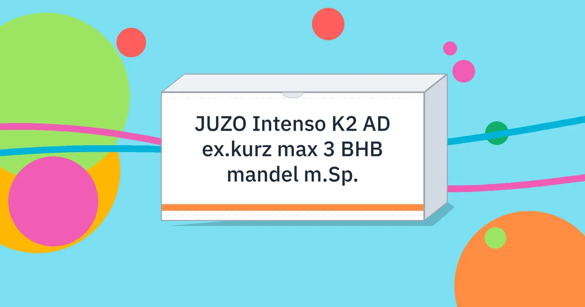 Symbolbild: Packung mit der Aufschrift JUZO Intenso K2 AD ex.kurz max 3 BHB mandel m.Sp. (PZN 18614033) – Verfügbarkeit und Bezug in Apotheken in Frankfurt am Main