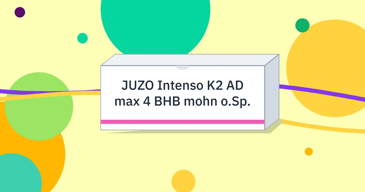 Symbolbild: Packung mit der Aufschrift JUZO Intenso K2 AD max 4 BHB mohn o.Sp. (PZN 18627018) – Verfügbarkeit und Bezug in Apotheken in Frankfurt am Main