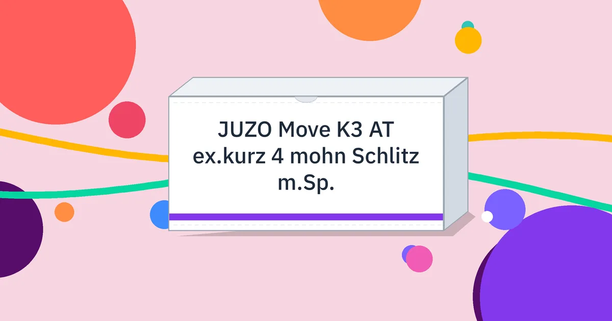 Symbolbild: Packung mit der Aufschrift JUZO Move K3 AT ex.kurz 4 mohn Schlitz m.Sp. (PZN 20681284) – Verfügbarkeit und Bezug in Apotheken in Frankfurt am Main