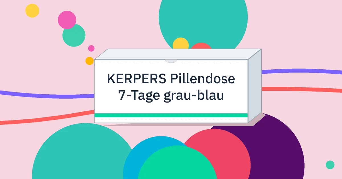 Symbolbild: Packung mit der Aufschrift KERPERS Pillendose 7-Tage grau-blau (PZN 19720257) – Verfügbarkeit und Bezug in Apotheken in Frankfurt am Main
