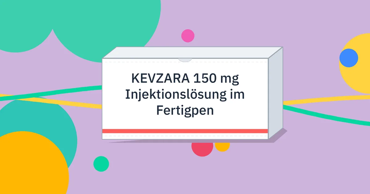 Symbolbild: Packung mit der Aufschrift KEVZARA 150 mg Injektionslösung im Fertigpen (PZN 16820834) – Verfügbarkeit und Bezug in Apotheken in Frankfurt am Main