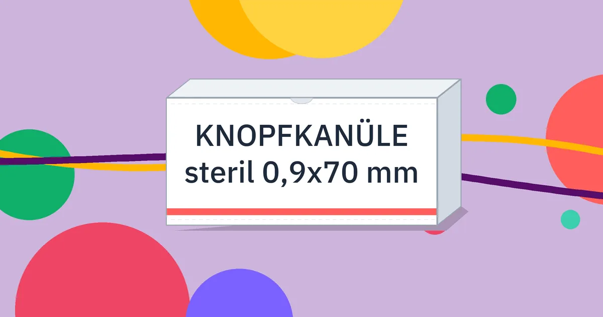 Symbolbild: Packung mit der Aufschrift KNOPFKANÜLE steril 0,9x70 mm (PZN 18073956) – Verfügbarkeit und Bezug in Apotheken in Frankfurt am Main