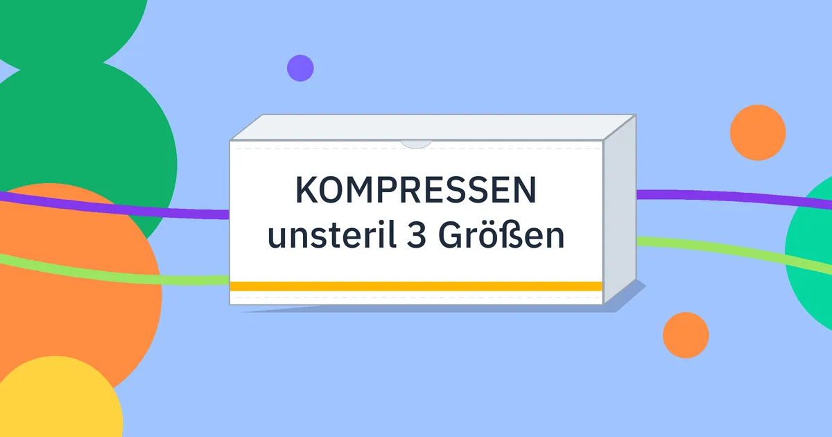 Symbolbild: Packung mit der Aufschrift KOMPRESSEN unsteril 3 Größen (PZN 15633633) – Verfügbarkeit und Bezug in Apotheken in Frankfurt am Main