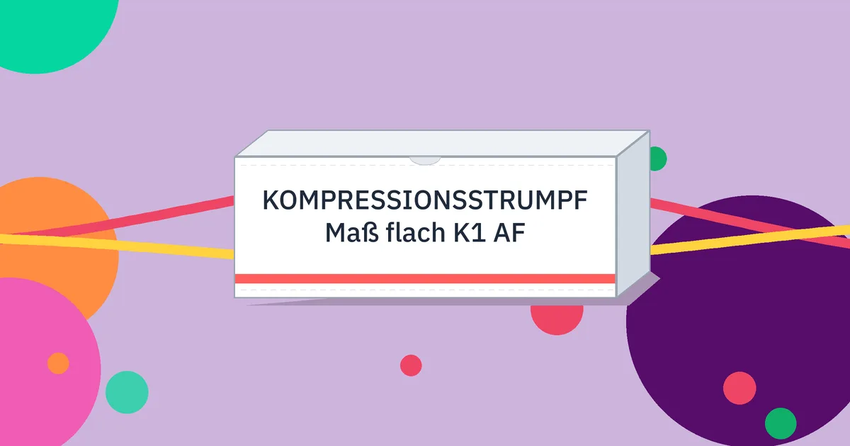 Symbolbild: Packung mit der Aufschrift KOMPRESSIONSSTRUMPF Maß flach K1 AF (PZN 16745239) – Verfügbarkeit und Bezug in Apotheken in Frankfurt am Main