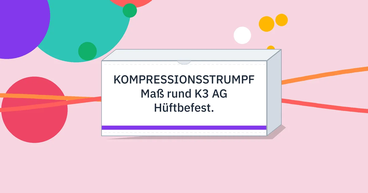Symbolbild: Packung mit der Aufschrift KOMPRESSIONSSTRUMPF Maß rund K3 AG Hüftbefest. (PZN 04778788) – Verfügbarkeit und Bezug in Apotheken in Frankfurt am Main