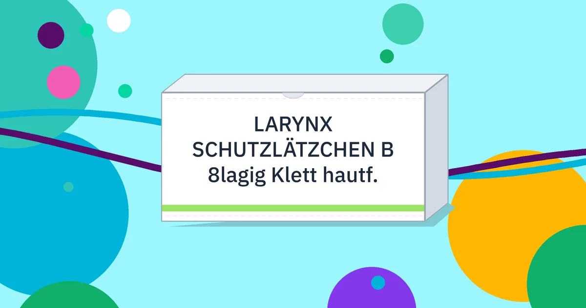 Symbolbild: Packung mit der Aufschrift LARYNX SCHUTZLÄTZCHEN B 8lagig Klett hautf. (PZN 00140422) – Verfügbarkeit und Bezug in Apotheken in Frankfurt am Main