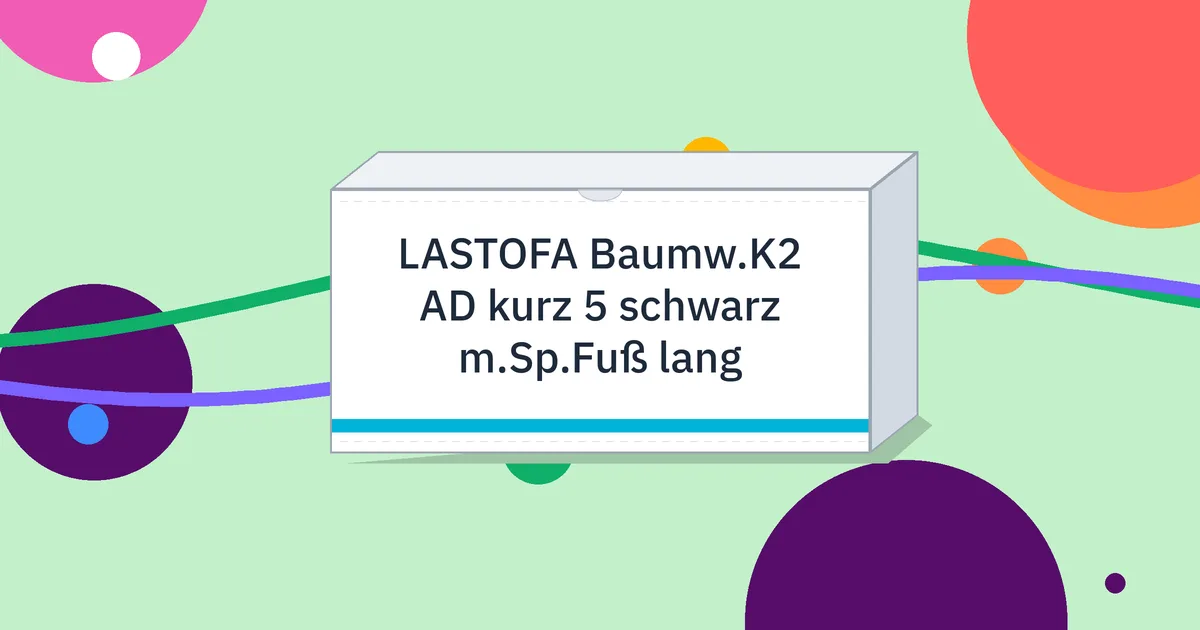 Symbolbild: Packung mit der Aufschrift LASTOFA Baumw.K2 AD kurz 5 schwarz m.Sp.Fuß lang (PZN 01945205) – Verfügbarkeit und Bezug in Apotheken in Frankfurt am Main