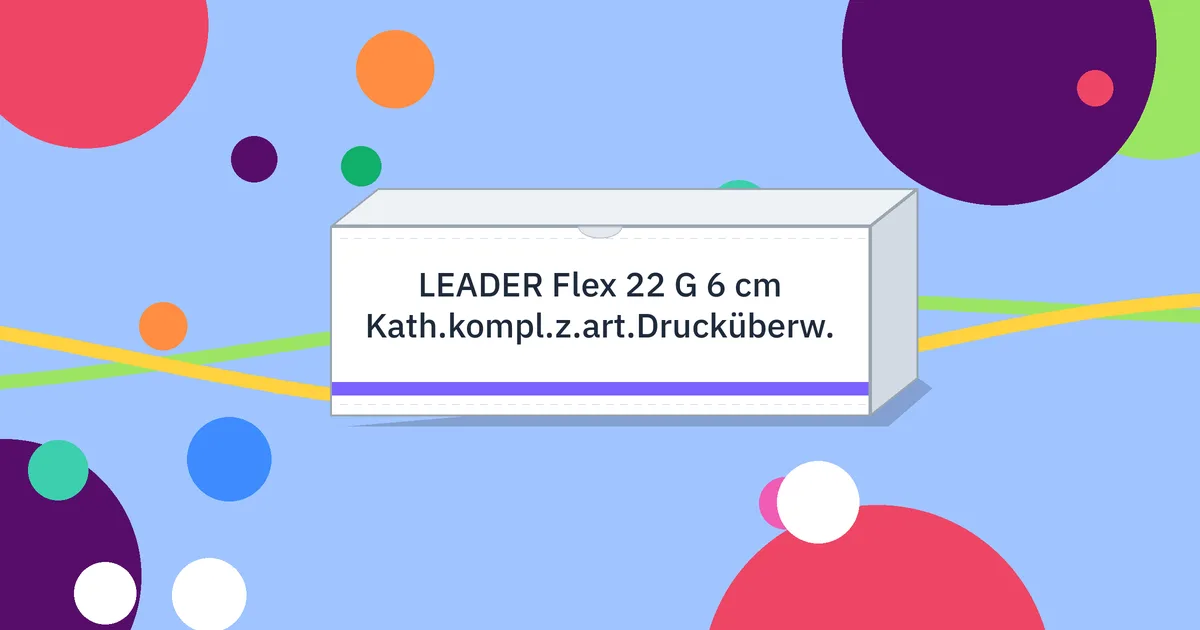 Symbolbild: Packung mit der Aufschrift LEADER Flex 22 G 6 cm Kath.kompl.z.art.Drucküberw. (PZN 10178762) – Verfügbarkeit und Bezug in Apotheken in Frankfurt am Main