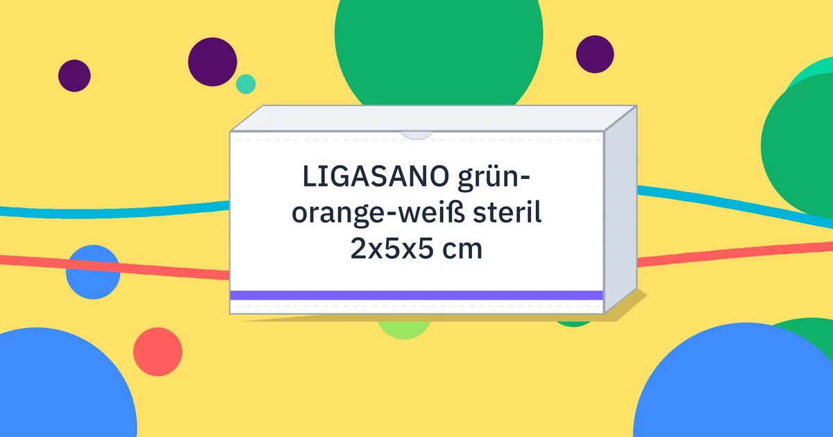Symbolbild: Packung mit der Aufschrift LIGASANO grün-orange-weiß steril 2x5x5 cm (PZN 20102062) – Verfügbarkeit und Bezug in Apotheken in Frankfurt am Main