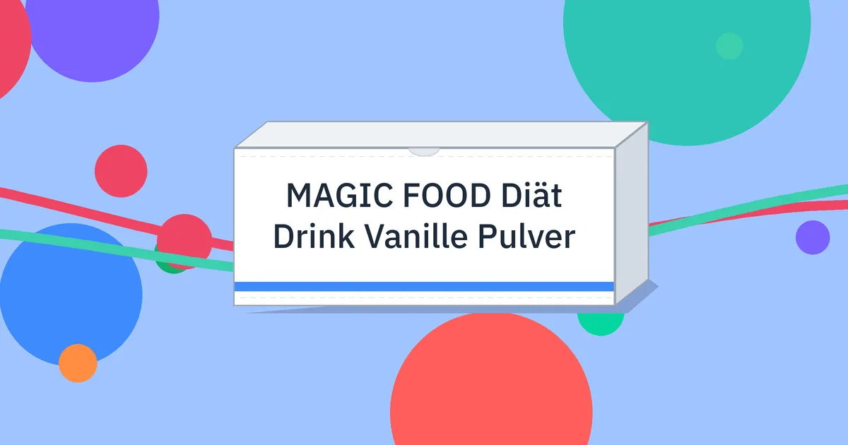 Symbolbild: Packung mit der Aufschrift MAGIC FOOD Diät Drink Vanille Pulver (PZN 18747662) – Verfügbarkeit und Bezug in Apotheken in Frankfurt am Main