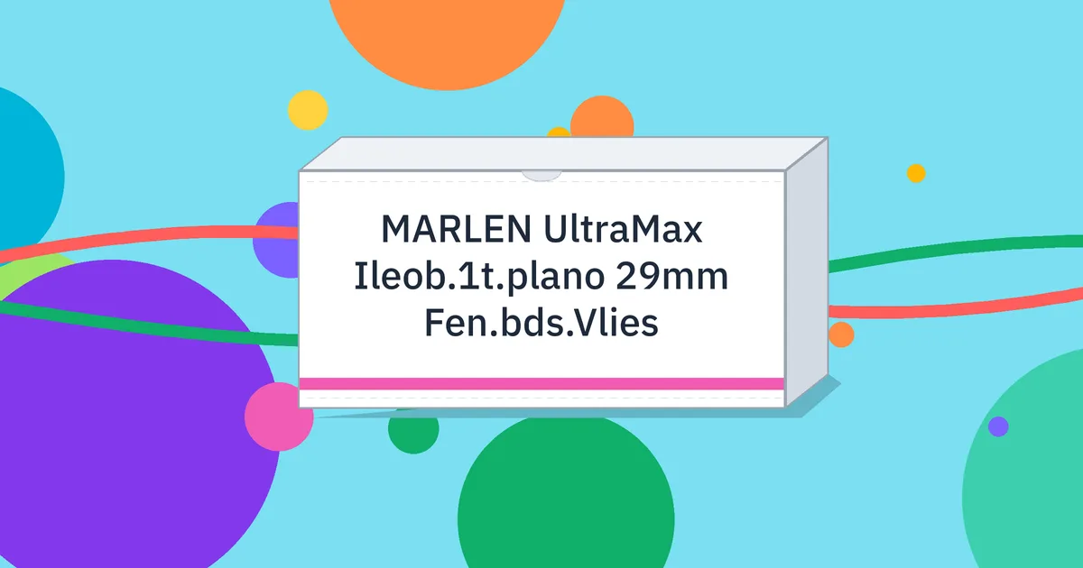 Symbolbild: Packung mit der Aufschrift MARLEN UltraMax Ileob.1t.plano 29mm Fen.bds.Vlies (PZN 05354607) – Verfügbarkeit und Bezug in Apotheken in Frankfurt am Main
