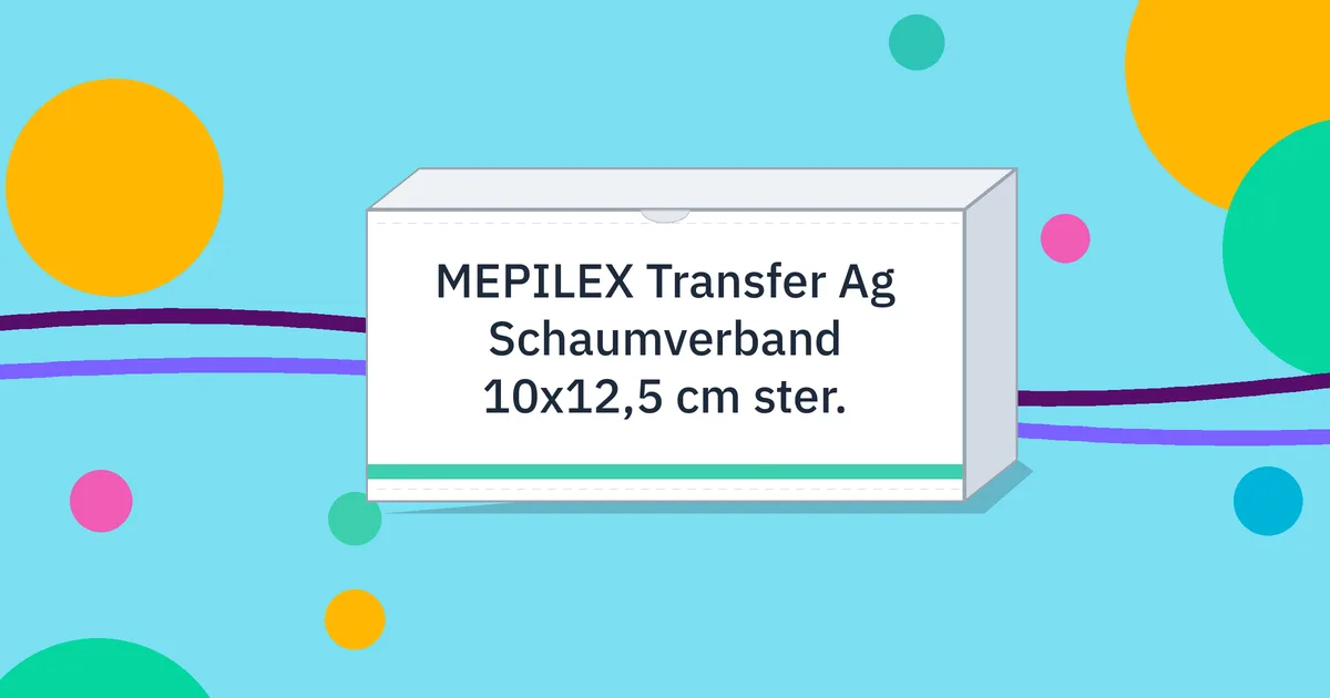 Symbolbild: Packung mit der Aufschrift MEPILEX Transfer Ag Schaumverband 10x12,5 cm ster. (PZN 11003013) – Verfügbarkeit und Bezug in Apotheken in Frankfurt am Main
