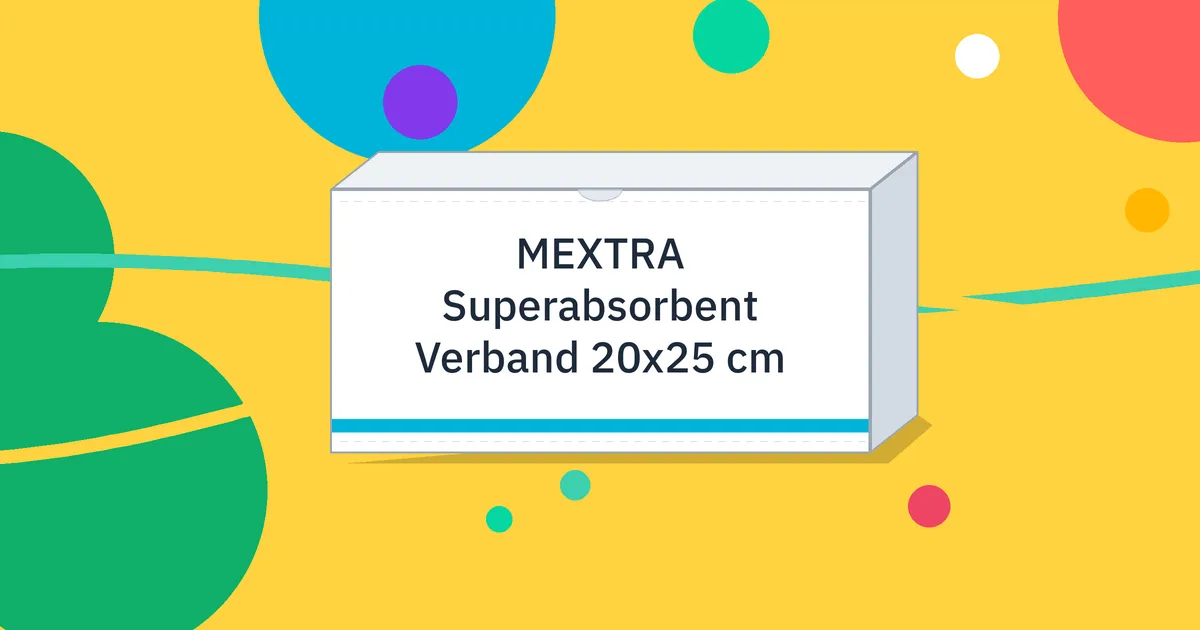 Symbolbild: Packung mit der Aufschrift MEXTRA Superabsorbent Verband 20x25 cm (PZN 09768033) – Verfügbarkeit und Bezug in Apotheken in Frankfurt am Main