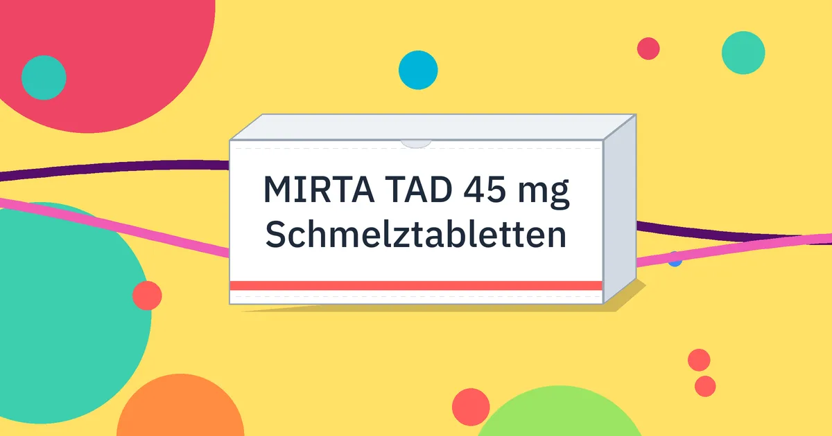 Symbolbild: Packung mit der Aufschrift MIRTA TAD 45 mg Schmelztabletten (PZN 06477223) – Verfügbarkeit und Bezug in Apotheken in Frankfurt am Main