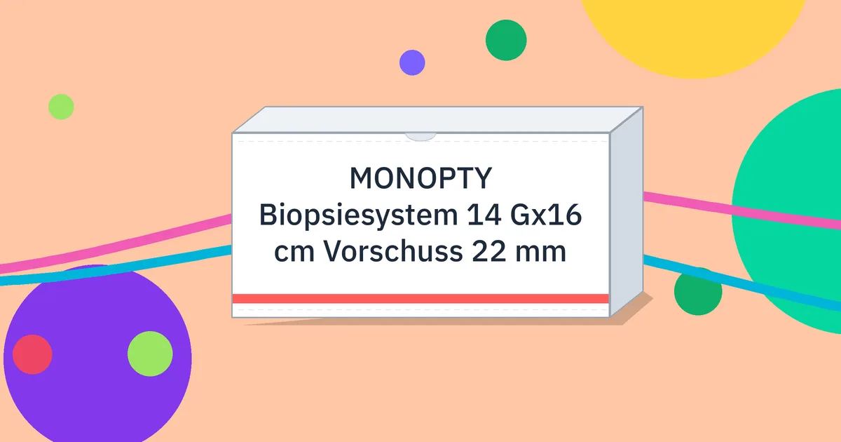 Symbolbild: Packung mit der Aufschrift MONOPTY Biopsiesystem 14 Gx16 cm Vorschuss 22 mm (PZN 03468005) – Verfügbarkeit und Bezug in Apotheken in Frankfurt am Main