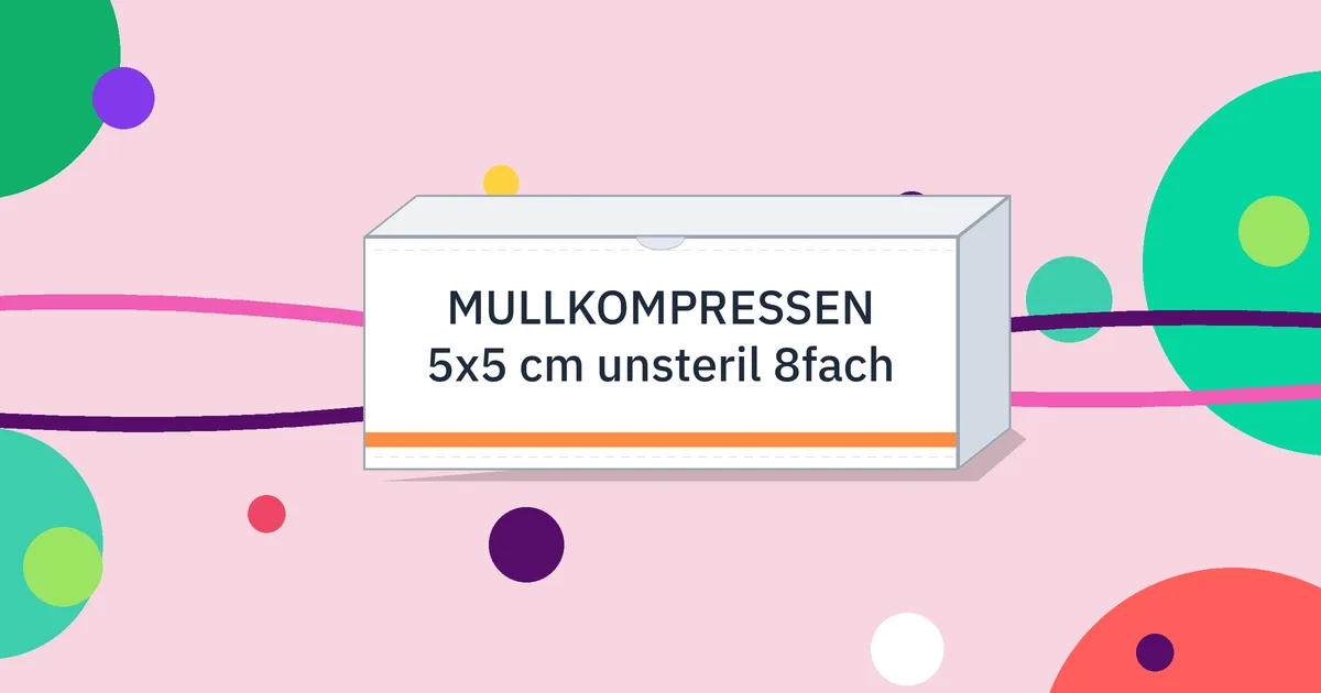 Symbolbild: Packung mit der Aufschrift MULLKOMPRESSEN 5x5 cm unsteril 8fach (PZN 08821400) – Verfügbarkeit und Bezug in Apotheken in Frankfurt am Main