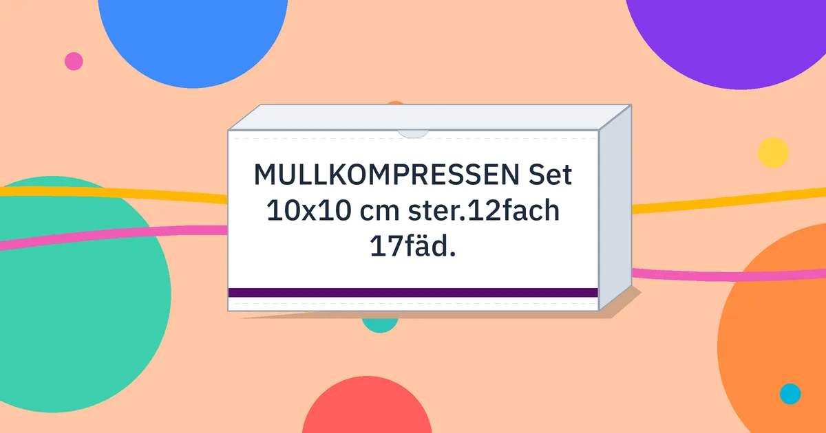 Symbolbild: Packung mit der Aufschrift MULLKOMPRESSEN Set 10x10 cm ster.12fach 17fäd. (PZN 06930562) – Verfügbarkeit und Bezug in Apotheken in Frankfurt am Main