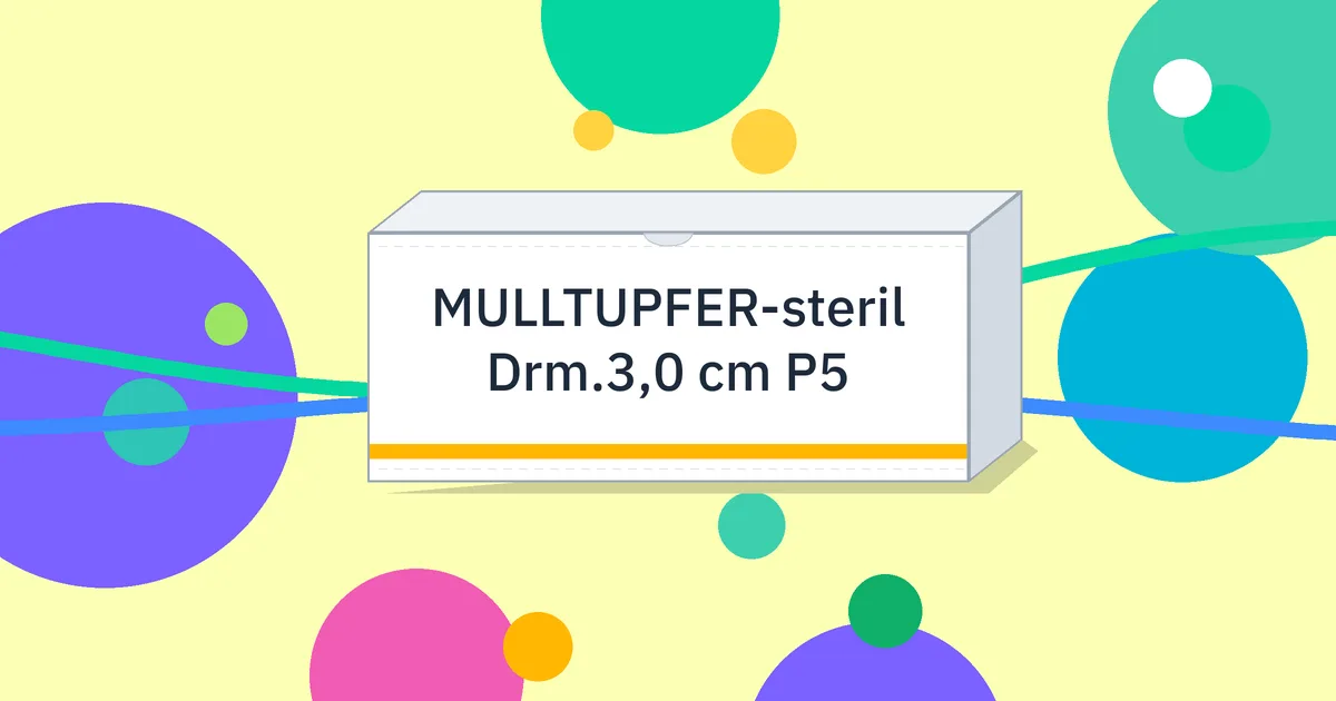 Symbolbild: Packung mit der Aufschrift MULLTUPFER-steril Drm.3,0 cm P5 (PZN 18307101) – Verfügbarkeit und Bezug in Apotheken in Frankfurt am Main
