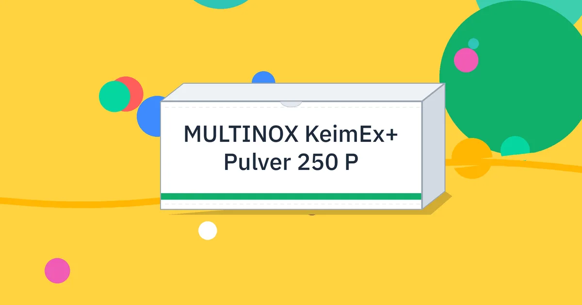 Symbolbild: Packung mit der Aufschrift MULTINOX KeimEx+ Pulver 250 P (PZN 15396848) – Verfügbarkeit und Bezug in Apotheken in Frankfurt am Main
