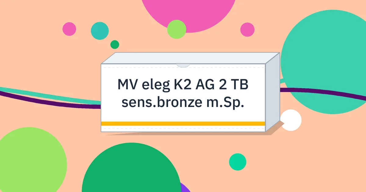 Symbolbild: Packung mit der Aufschrift MV eleg K2 AG 2 TB sens.bronze m.Sp. (PZN 14718824) – Verfügbarkeit und Bezug in Apotheken in Frankfurt am Main