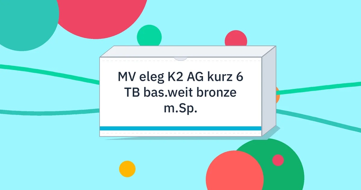 Symbolbild: Packung mit der Aufschrift MV eleg K2 AG kurz 6 TB bas.weit bronze m.Sp. (PZN 14717606) – Verfügbarkeit und Bezug in Apotheken in Frankfurt am Main