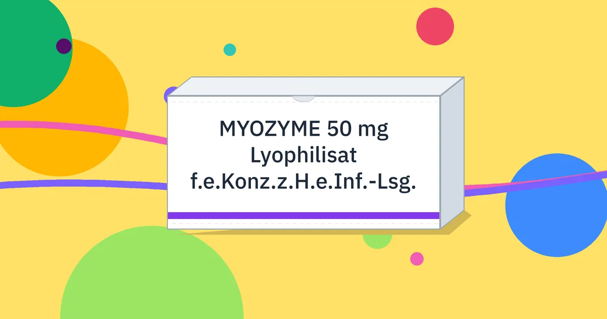 Symbolbild: Packung mit der Aufschrift MYOZYME 50 mg Lyophilisat f.e.Konz.z.H.e.Inf.-Lsg. (PZN 18317625) – Verfügbarkeit und Bezug in Apotheken in Frankfurt am Main