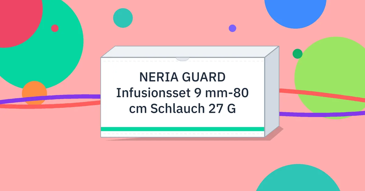 Symbolbild: Packung mit der Aufschrift NERIA GUARD Infusionsset 9 mm-80 cm Schlauch 27 G (PZN 17530274) – Verfügbarkeit und Bezug in Apotheken in Frankfurt am Main