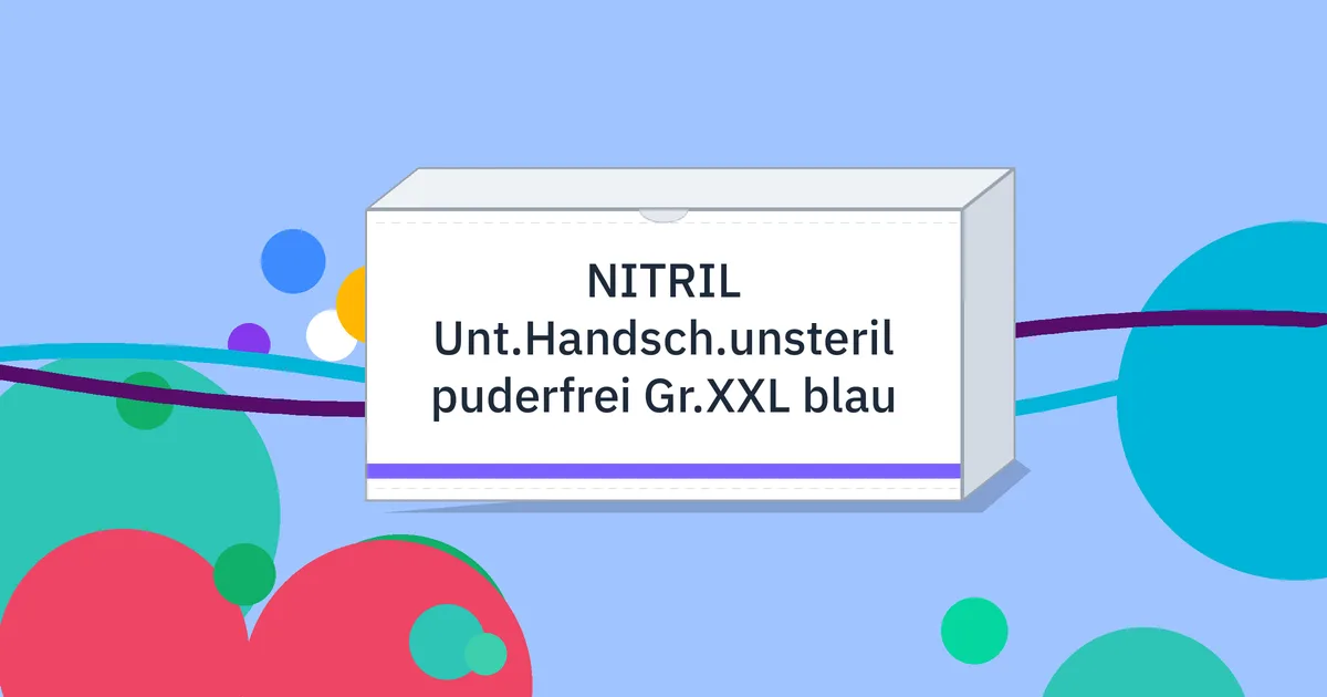 Symbolbild: Packung mit der Aufschrift NITRIL Unt.Handsch.unsteril puderfrei Gr.XXL blau (PZN 13351020) – Verfügbarkeit und Bezug in Apotheken in Frankfurt am Main