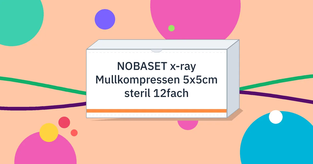 Symbolbild: Packung mit der Aufschrift NOBASET x-ray Mullkompressen 5x5cm steril 12fach (PZN 17528484) – Verfügbarkeit und Bezug in Apotheken in Frankfurt am Main