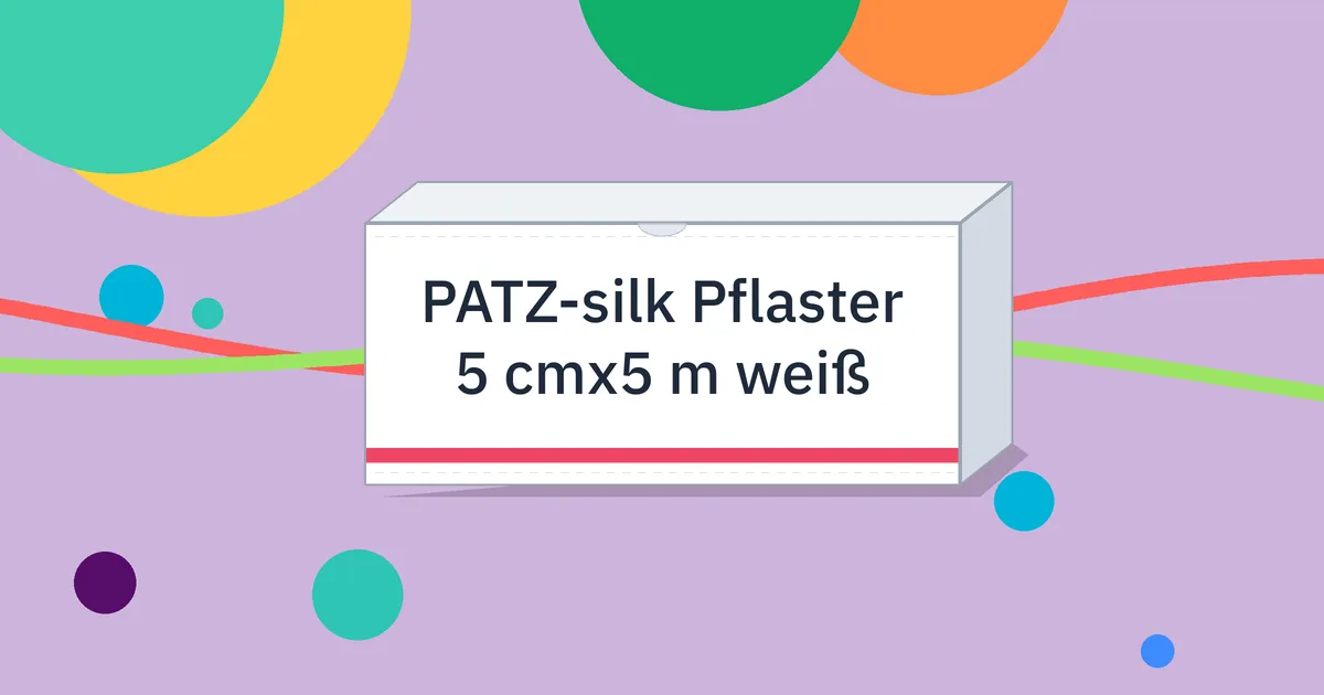 Symbolbild: Packung mit der Aufschrift PATZ-silk Pflaster 5 cmx5 m weiß (PZN 06813589) – Verfügbarkeit und Bezug in Apotheken in Frankfurt am Main