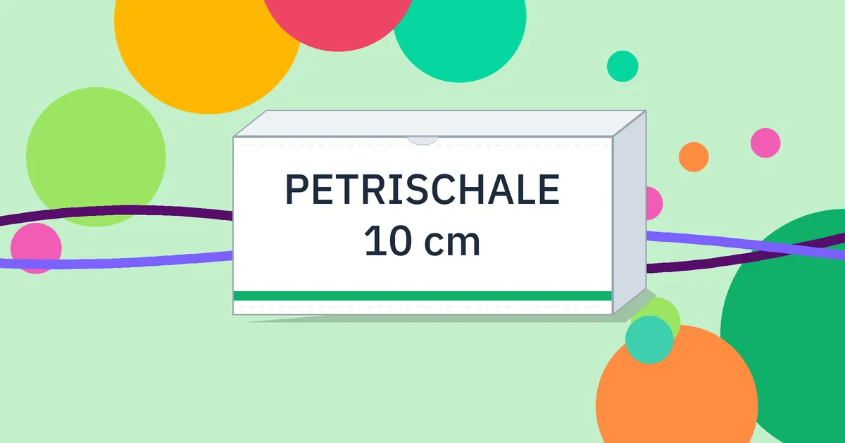 Symbolbild: Packung mit der Aufschrift PETRISCHALE 10 cm (PZN 05399627) – Verfügbarkeit und Bezug in Apotheken in Frankfurt am Main