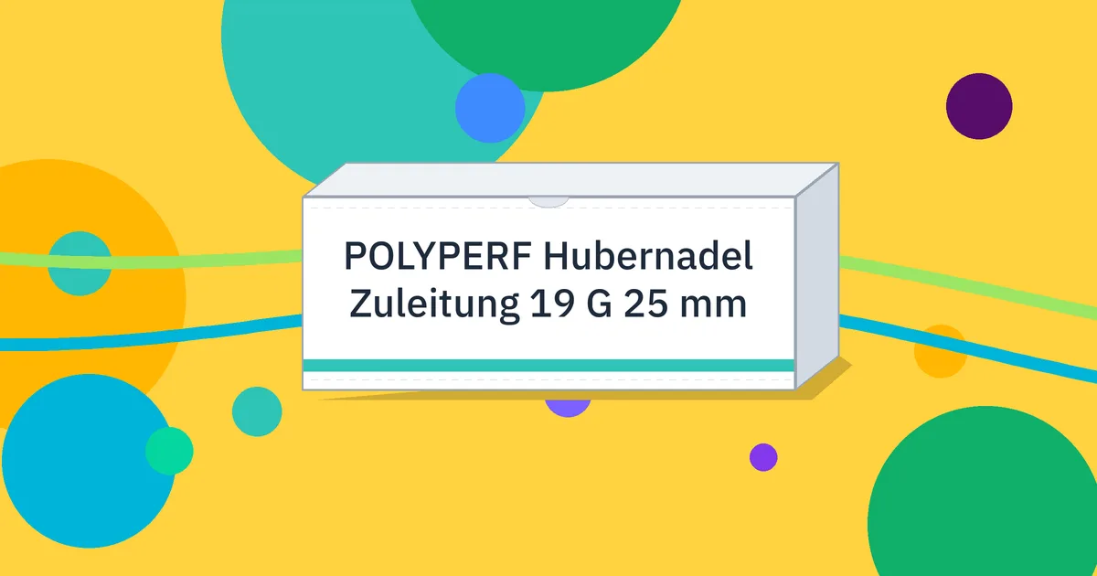 Symbolbild: Packung mit der Aufschrift POLYPERF Hubernadel Zuleitung 19 G 25 mm (PZN 12426112) – Verfügbarkeit und Bezug in Apotheken in Frankfurt am Main