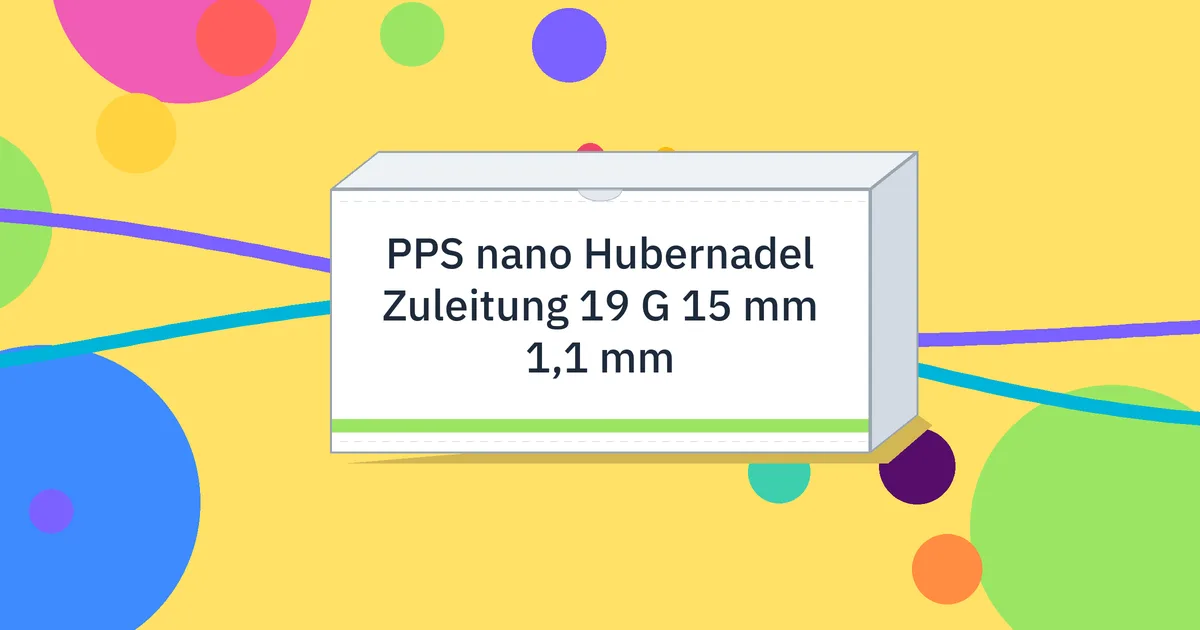 Symbolbild: Packung mit der Aufschrift PPS nano Hubernadel Zuleitung 19 G 15 mm 1,1 mm (PZN 18195116) – Verfügbarkeit und Bezug in Apotheken in Frankfurt am Main
