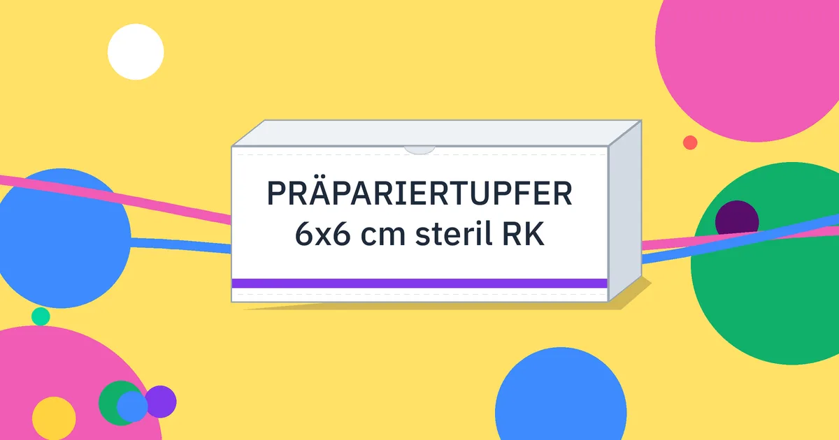 Symbolbild: Packung mit der Aufschrift PRÄPARIERTUPFER 6x6 cm steril RK (PZN 12731105) – Verfügbarkeit und Bezug in Apotheken in Frankfurt am Main