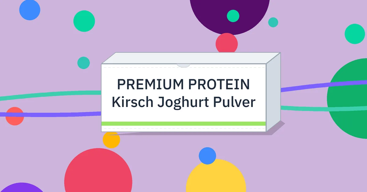 Symbolbild: Packung mit der Aufschrift PREMIUM PROTEIN Kirsch Joghurt Pulver (PZN 12458767) – Verfügbarkeit und Bezug in Apotheken in Frankfurt am Main