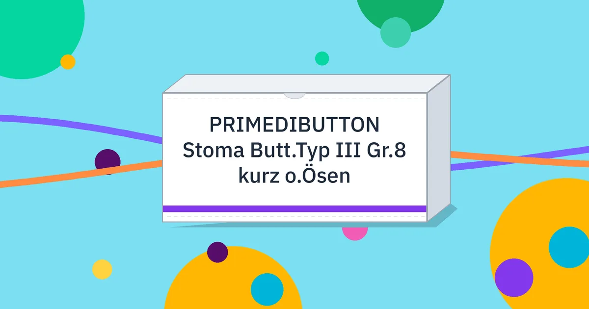 Symbolbild: Packung mit der Aufschrift PRIMEDIBUTTON Stoma Butt.Typ III Gr.8 kurz o.Ösen (PZN 10791669) – Verfügbarkeit und Bezug in Apotheken in Frankfurt am Main