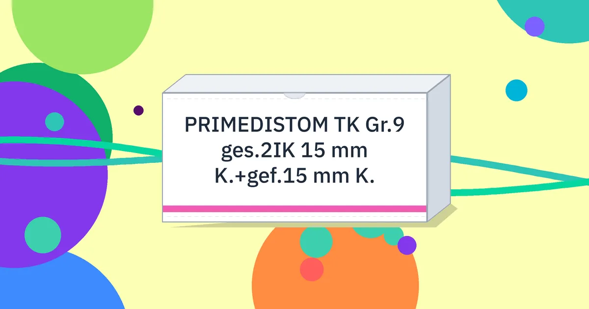 Symbolbild: Packung mit der Aufschrift PRIMEDISTOM TK Gr.9 ges.2IK 15 mm K.+gef.15 mm K. (PZN 10229991) – Verfügbarkeit und Bezug in Apotheken in Frankfurt am Main