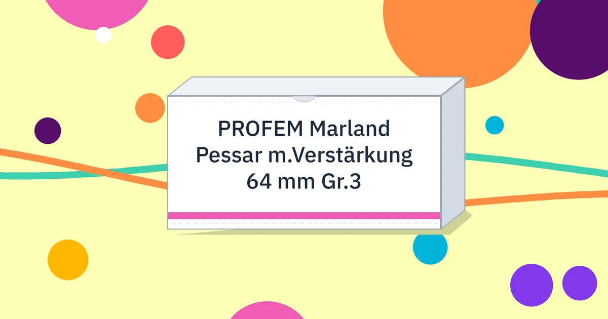 Symbolbild: Packung mit der Aufschrift PROFEM Marland Pessar m.Verstärkung 64 mm Gr.3 (PZN 11671973) – Verfügbarkeit und Bezug in Apotheken in Frankfurt am Main