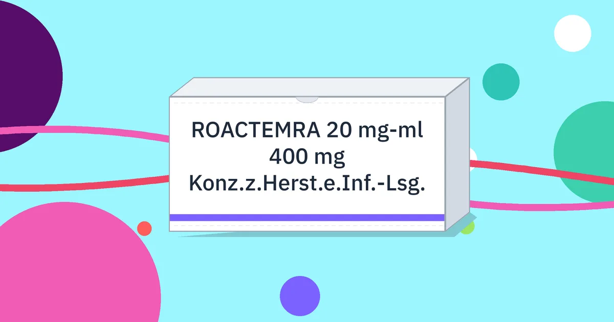 Symbolbild: Packung mit der Aufschrift ROACTEMRA 20 mg-ml 400 mg Konz.z.Herst.e.Inf.-Lsg. (PZN 17607290) – Verfügbarkeit und Bezug in Apotheken in Frankfurt am Main
