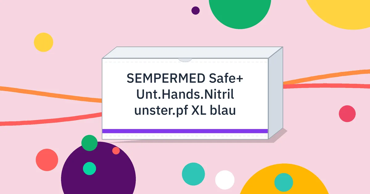 Symbolbild: Packung mit der Aufschrift SEMPERMED Safe+ Unt.Hands.Nitril unster.pf XL blau (PZN 20893810) – Verfügbarkeit und Bezug in Apotheken in Frankfurt am Main