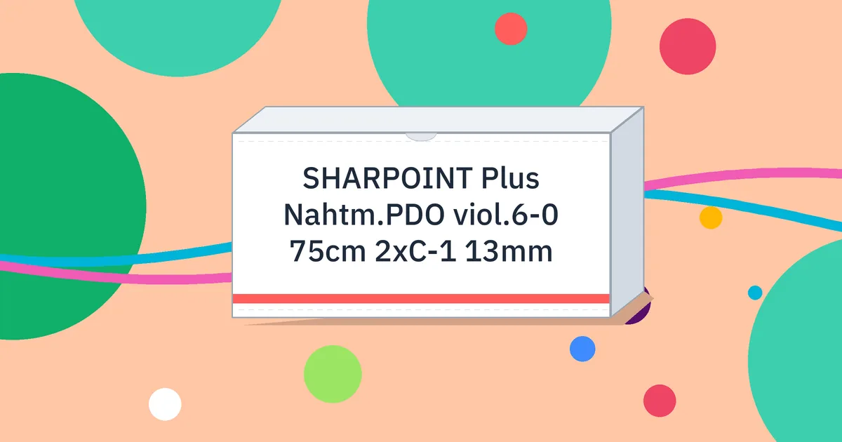 Symbolbild: Packung mit der Aufschrift SHARPOINT Plus Nahtm.PDO viol.6-0 75cm 2xC-1 13mm (PZN 17994358) – Verfügbarkeit und Bezug in Apotheken in Frankfurt am Main